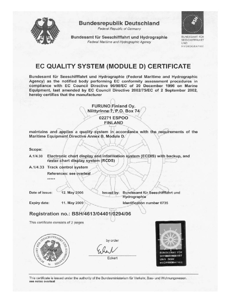 ECDIS FEA-2x07 Module D Certificate 12may2006 | PDF