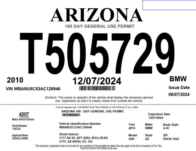 Arizona 180-Day Vehicle Permit Details | PDF | Road Transport | Car