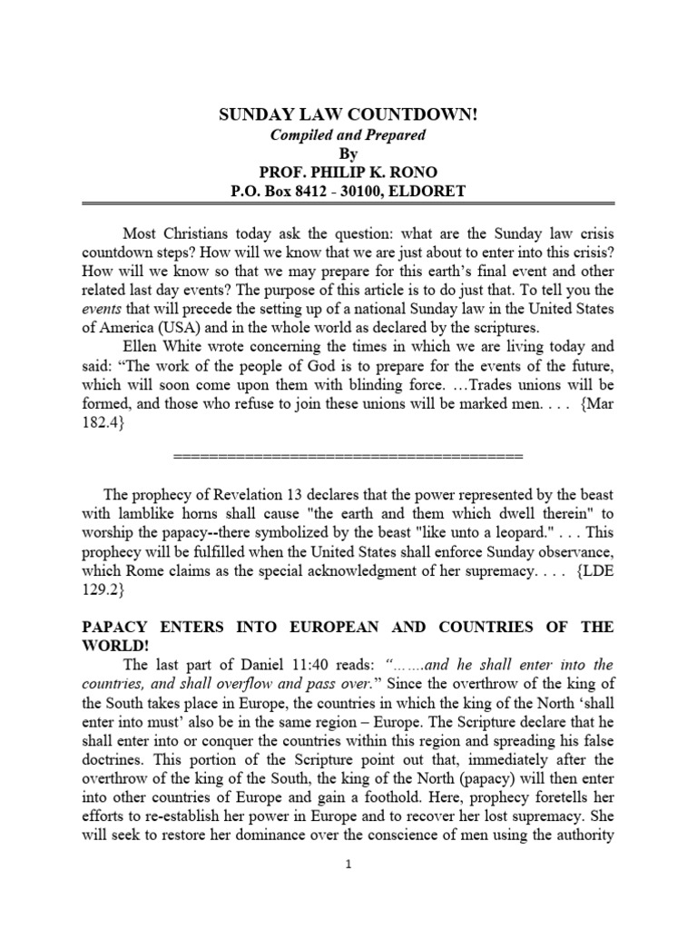 Prophecy - Sunday Law Countdown Revised 2024 - 05-06-2024 | PDF | Ecumenism