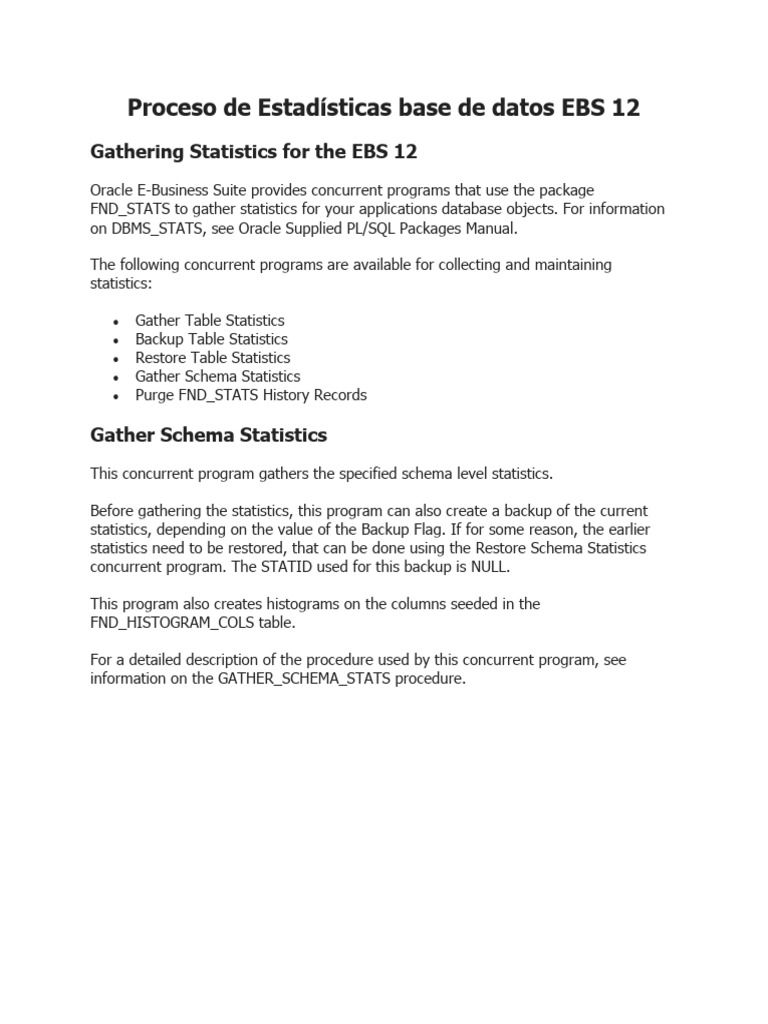 Proceso de Estadisticas Base de Datos EBS 12 | PDF | Information Technology | Software