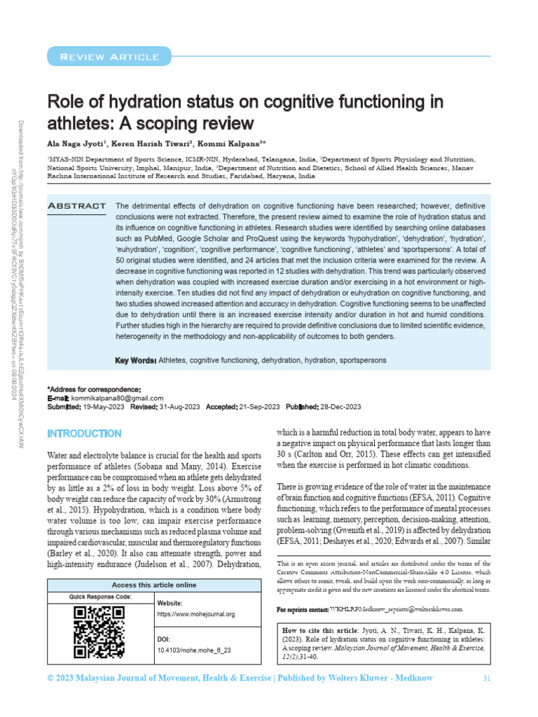 Role of Hydration Status On Cognitive Functioning.1 | Download Free PDF | Dehydration ...