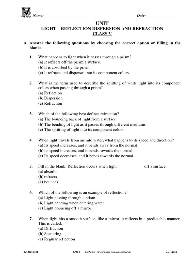 UNIT LIGHT Reflection Dispersion & Refraction Class 5 March 2024 Samia S | Download Free PDF ...