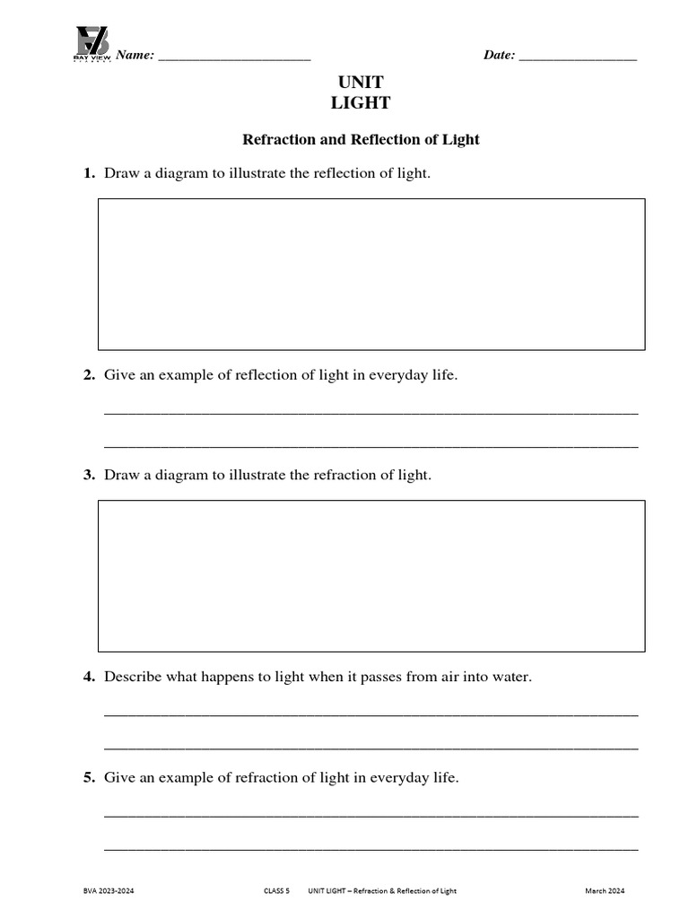 UNIT LIGHT Refraction and Reflection of Light Class 5 March 2024 Samia ...