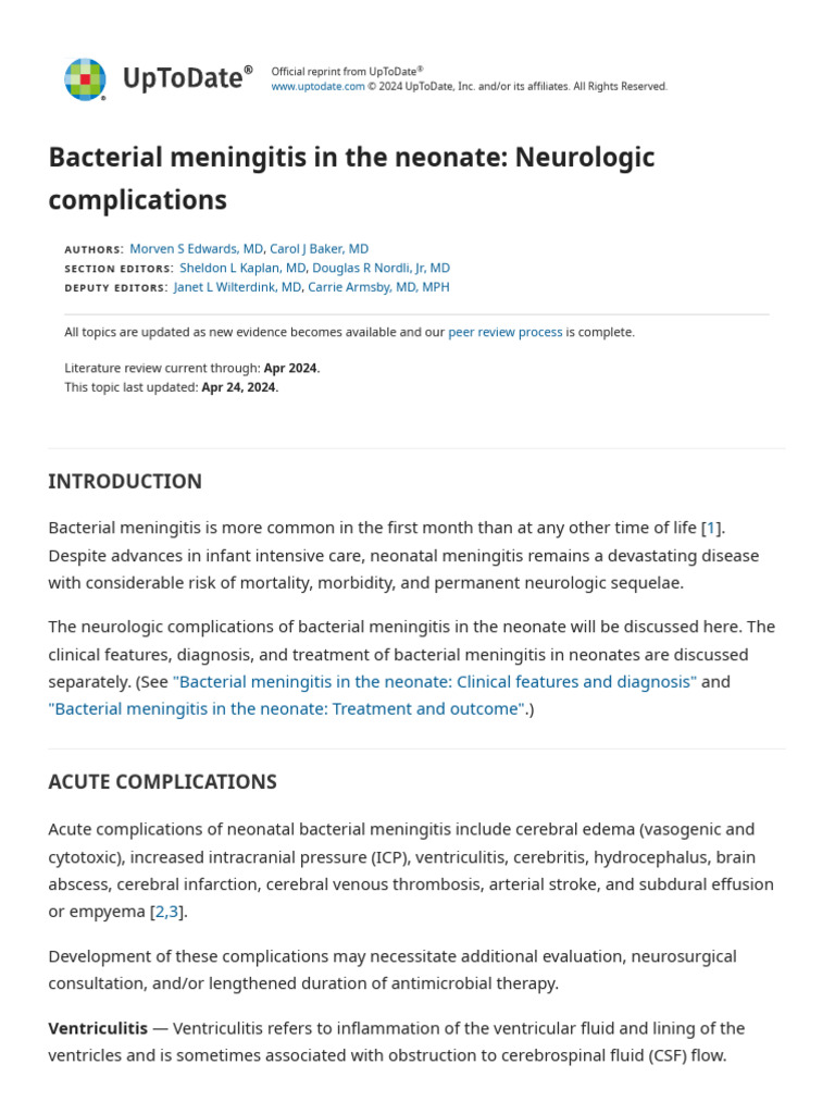 Bacterial Meningitis in The Neonate - Neurologic Complications ...