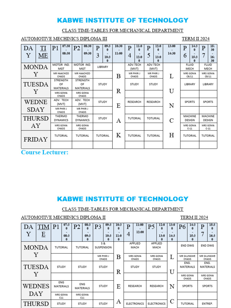 Class Time Tables Mechanical Sections | Download Free PDF | Secondary ...