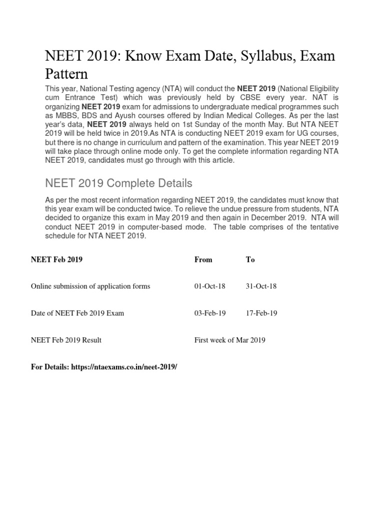 NEET 2019 Exam Dates & Details | PDF | Career & Growth | Finance ...