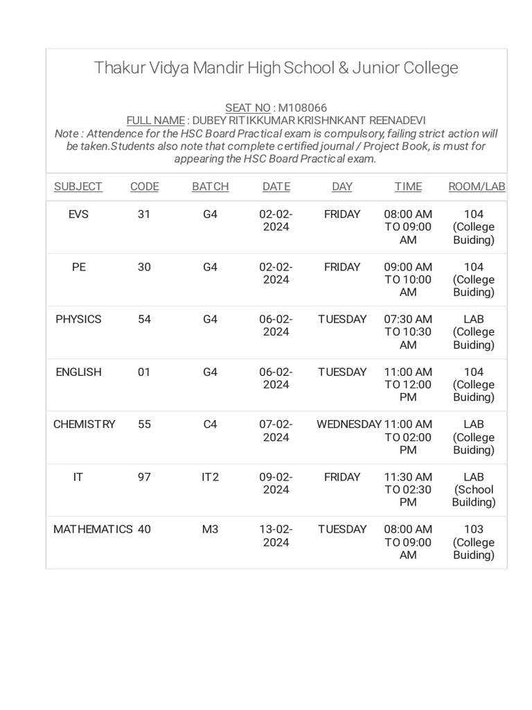 HSC Board Practical TimeTable - Thakur Vidya Mandir High School & Junior College | PDF