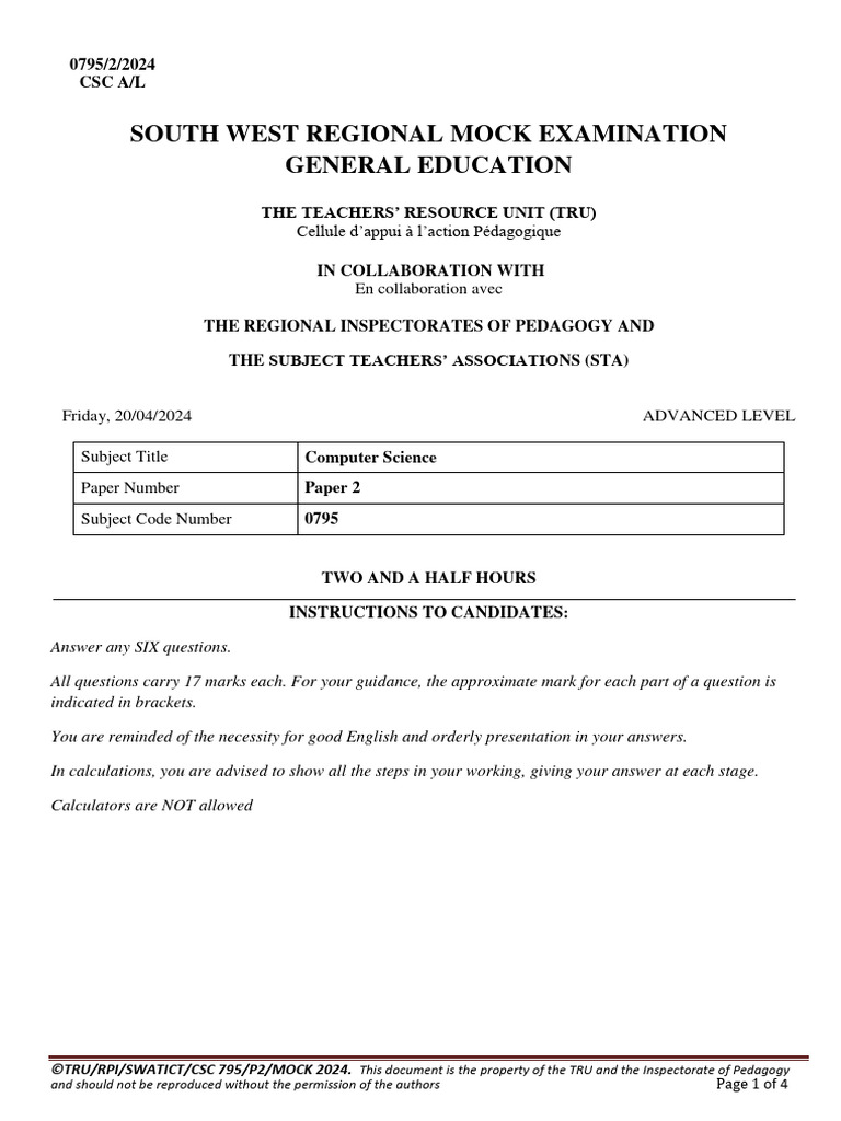 SWRM Al CSC Paper 2 2024 | PDF | Object Oriented Programming ...