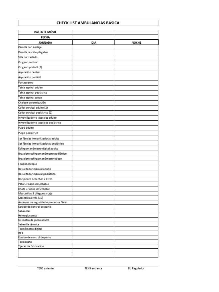 Hoja Check List Ambulancias Avanzada 2 | PDF | Instrumento de medición ...