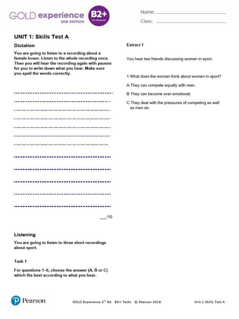 Gold Exp B2P Unit 1 Skills Test A | PDF | Sports