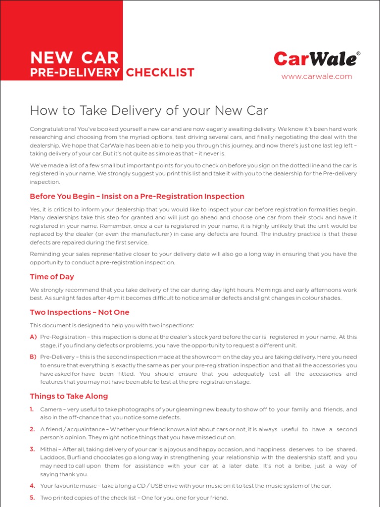 New Car Pre Delivery Inspection Checklist | PDF | Car | Automotive ...