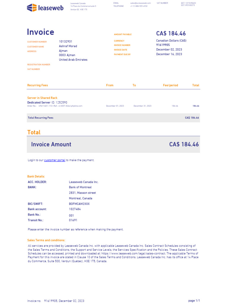 Invoice 91619905 | PDF | Invoice | Canadian Dollar