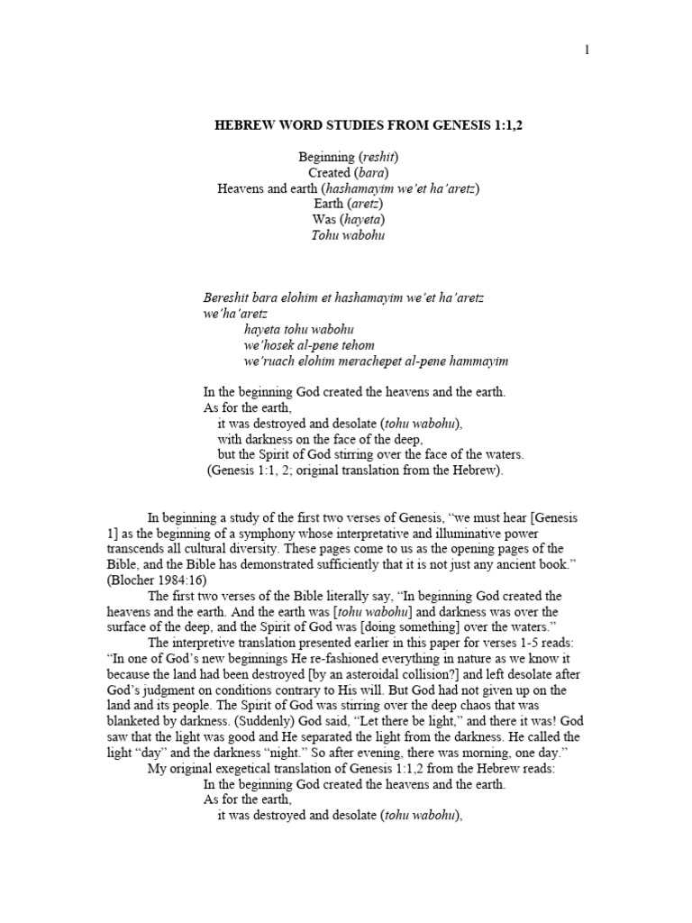 Hebrew Word Studies From Genesis 1 1 2 | PDF | Genesis Creation ...