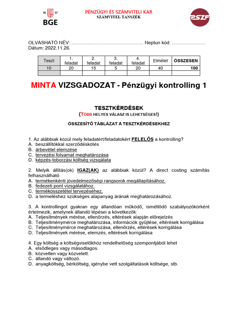 Pénzügyi Kontrolling 1 (MINTA Vizsgadolgozat) | PDF