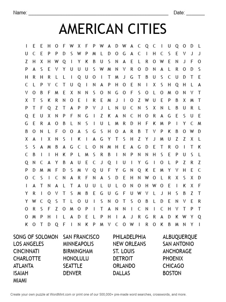 Cities in USA Wordsearch | Download Free PDF | Linguistics | Games Of ...