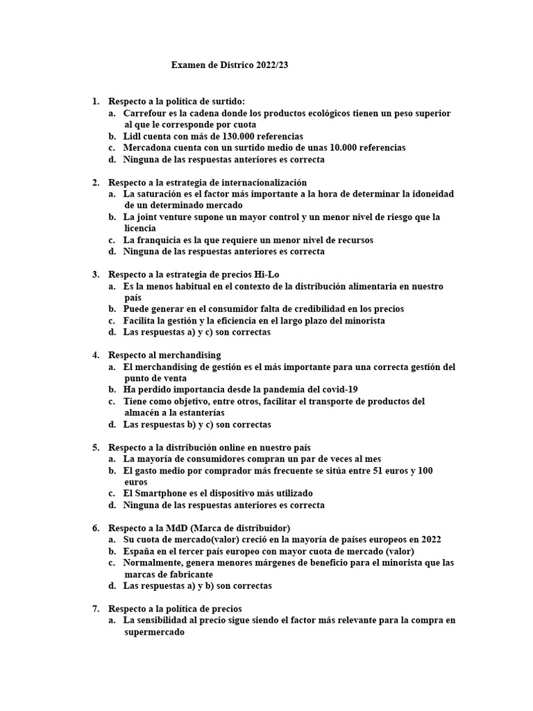 Examen de Districo Minorista 2023 | PDF | Al por menor | Supermercado