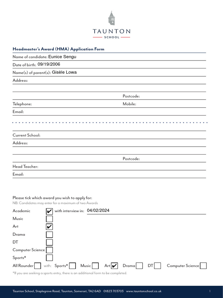 Headmaster's Award Application Form 2023 | PDF
