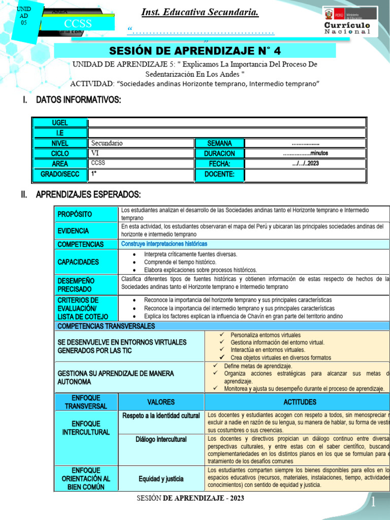 Sesion CCSS 1° Sec-Semana 02 Uni 5 (Proyecto Educativo) | Descargar gratis PDF | Aprendizaje ...
