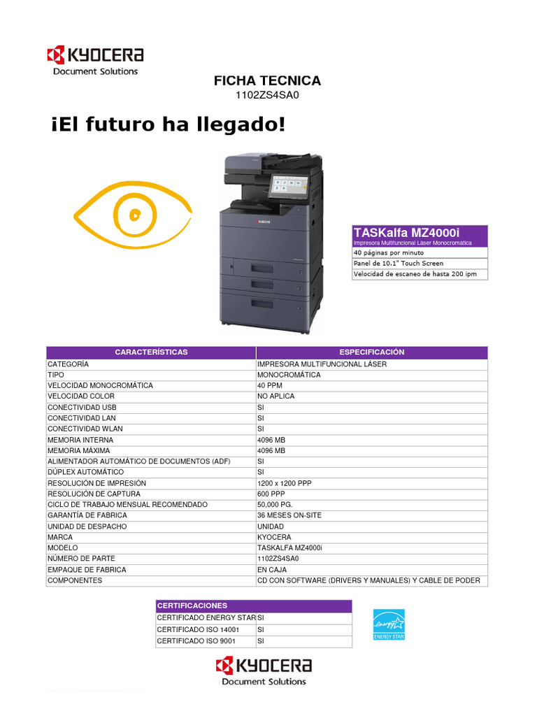 Impresora Kyocera TASKalfa MZ4000i 40ppm | PDF | Impresora (Computación ...