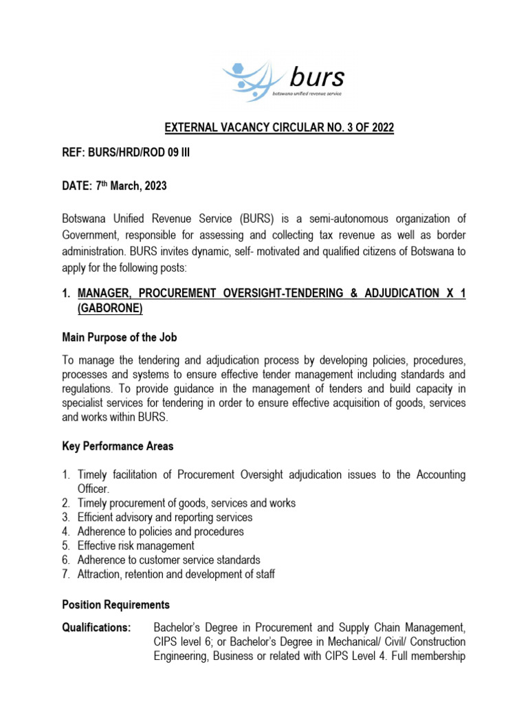 BURS Vacancy Circular 3 of 2023 | PDF | Procurement | Regulatory Compliance