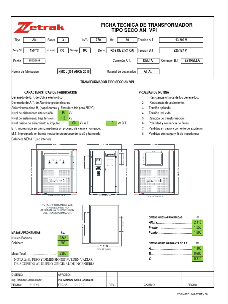 Ficha Tecnica TR Seco MT 750 Kva 13200-220y Al-Al | PDF | Aislador (Electricidad) | Transformador