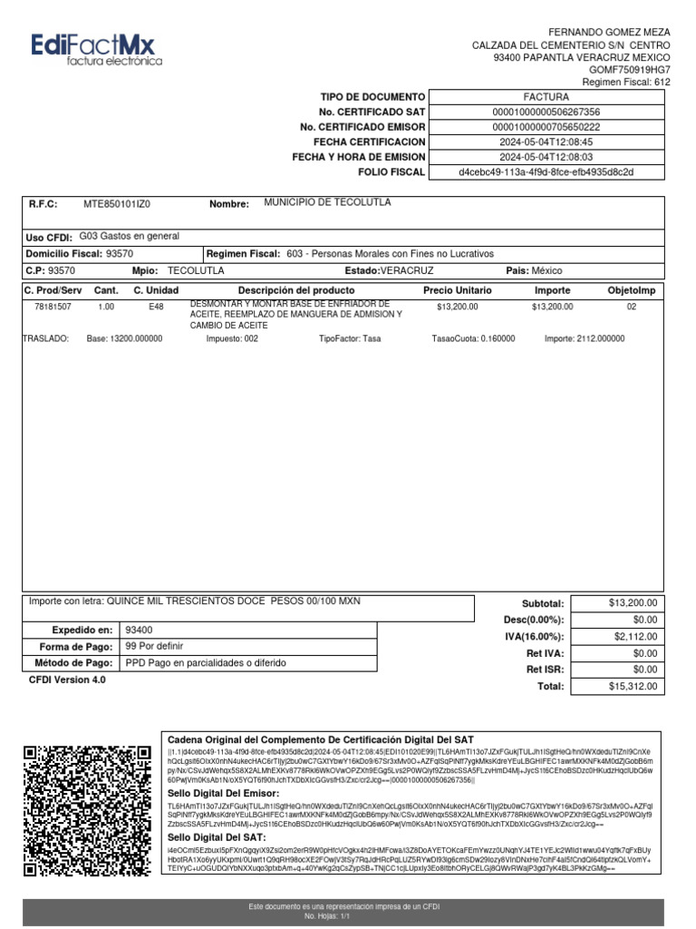 Este Documento Es Una Representación Impresa de Un CFDI No. Hojas: 1/1 ...