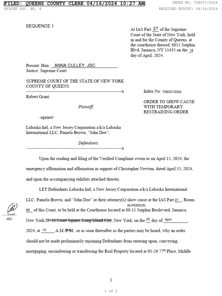 2024 Robert Grant v Shawn Freeman Order to Show Cause | PDF | Injunction | Justice