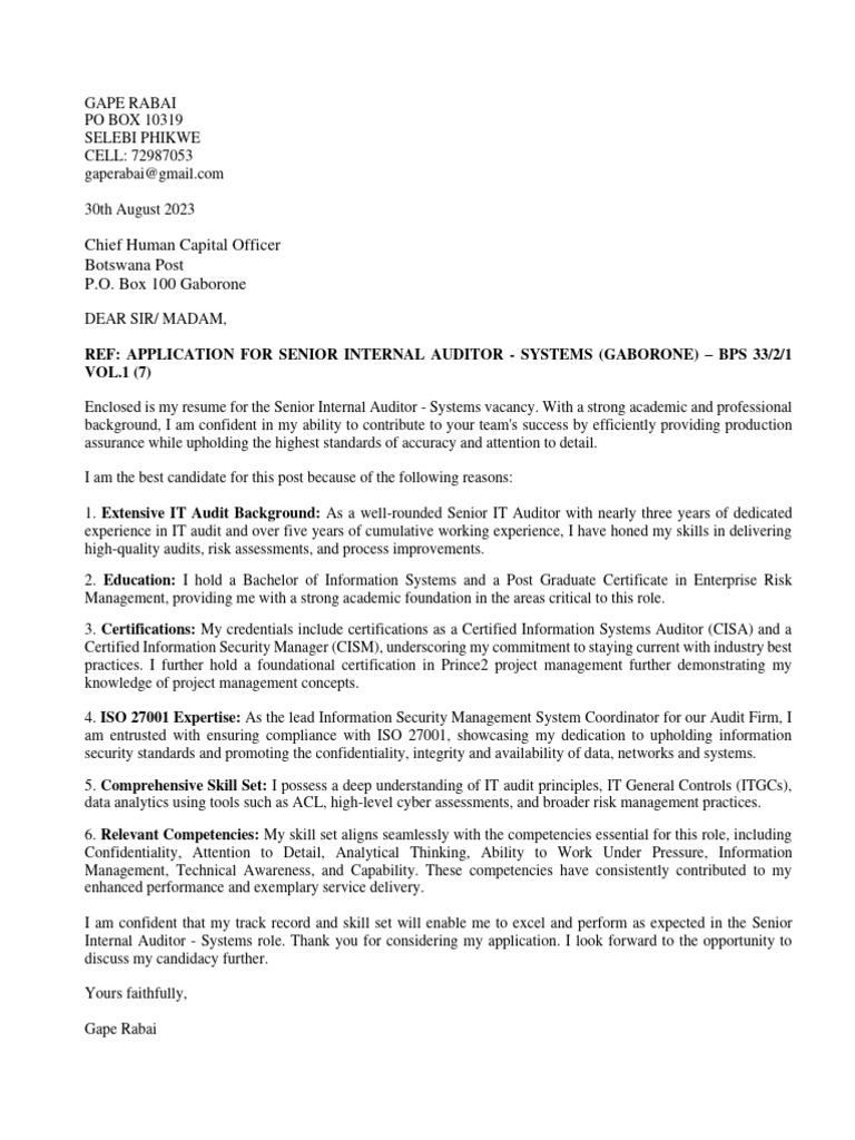 Application for Senior IT Auditor Role | PDF | Internal Audit ...