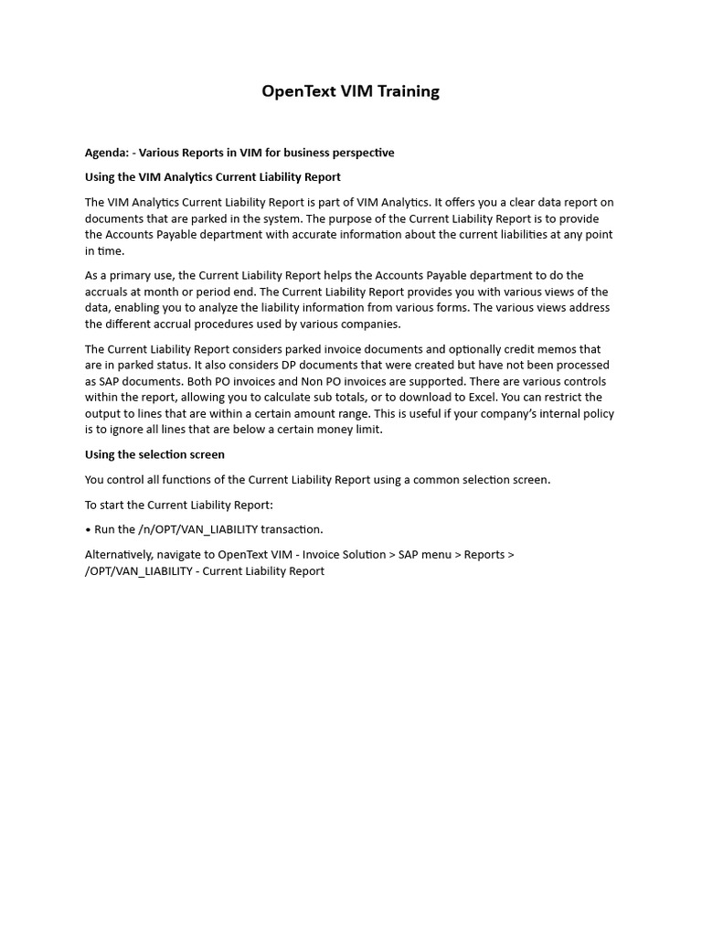 OpenText VIM Training - Various Reports For Business | PDF | Accounts Payable | Computer Science