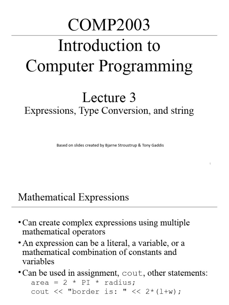 COMP2003 - Lecture 3 - Expressions | PDF | String (Computer Science) | C++