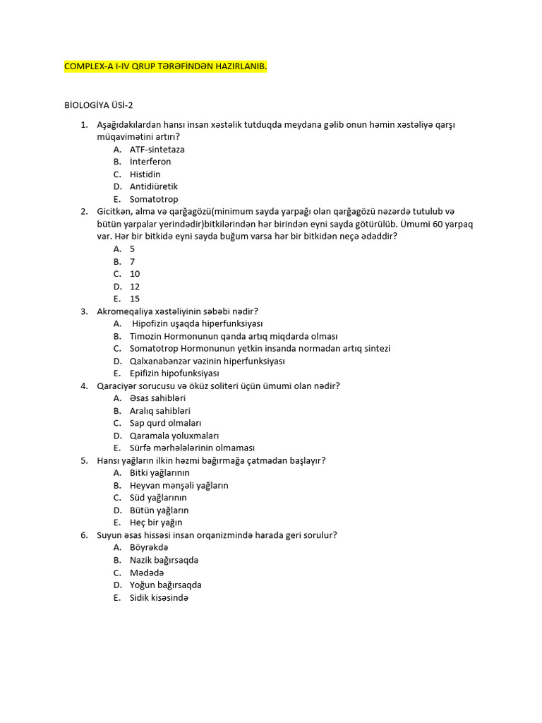 Complex-A I-Iv Qrup Bi̇ologi̇ya Üsi̇-2 Cavablari Var | PDF