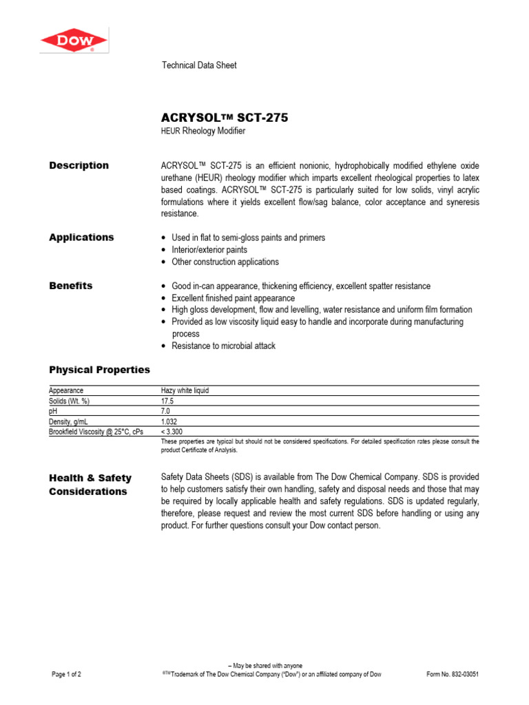 832 03051 01 Acrysol sct275 Heur Rheology Modifier Tds | PDF | Paint ...