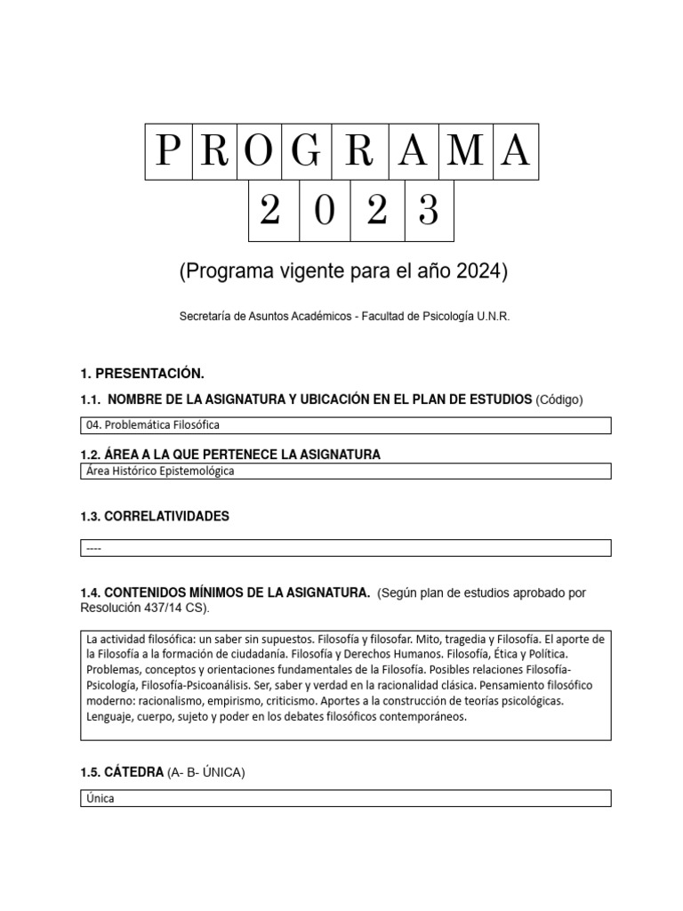 ProblemÃ¡tica FilosÃ Fica - Programa 2024 | PDF | Verdad | Pensamiento