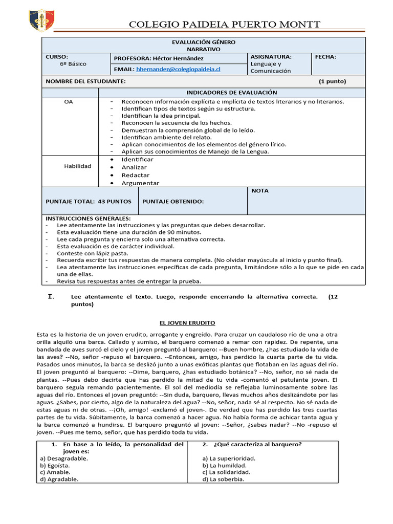 6º BÁSICO Evaluación Definitiva | PDF | Narración