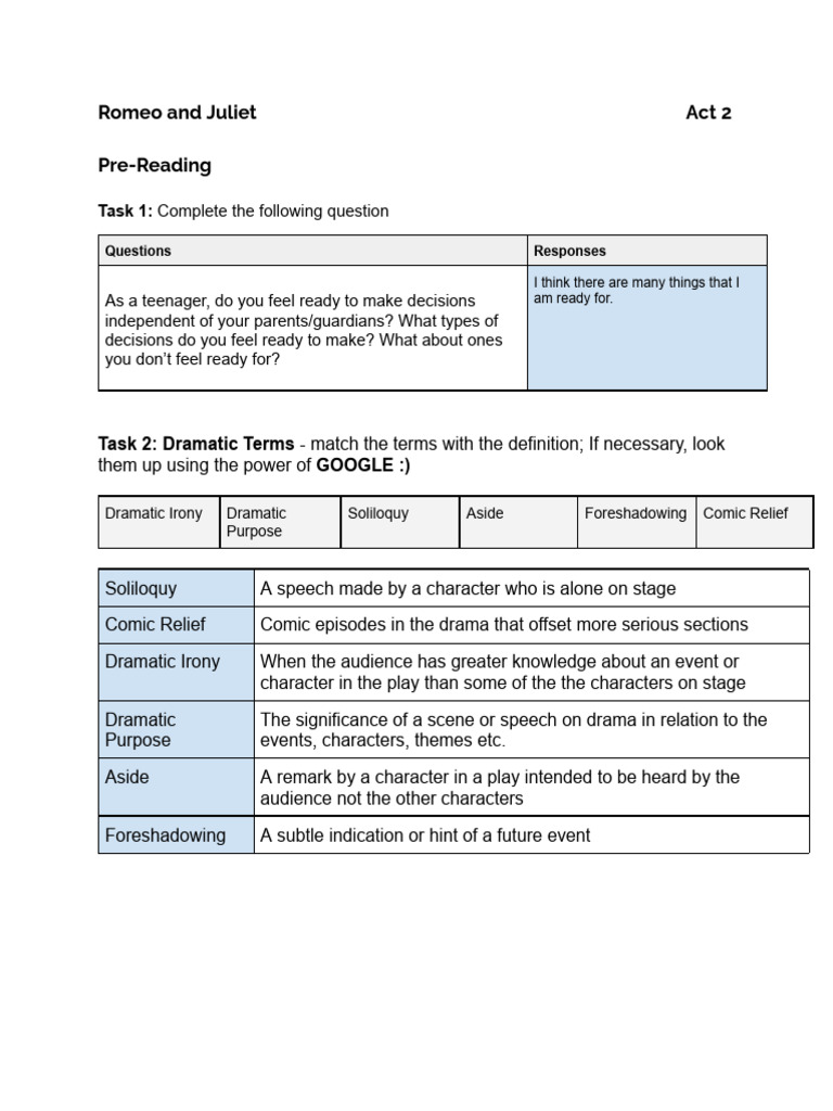 R and J Act 2 Worksheet - Act 1 | PDF