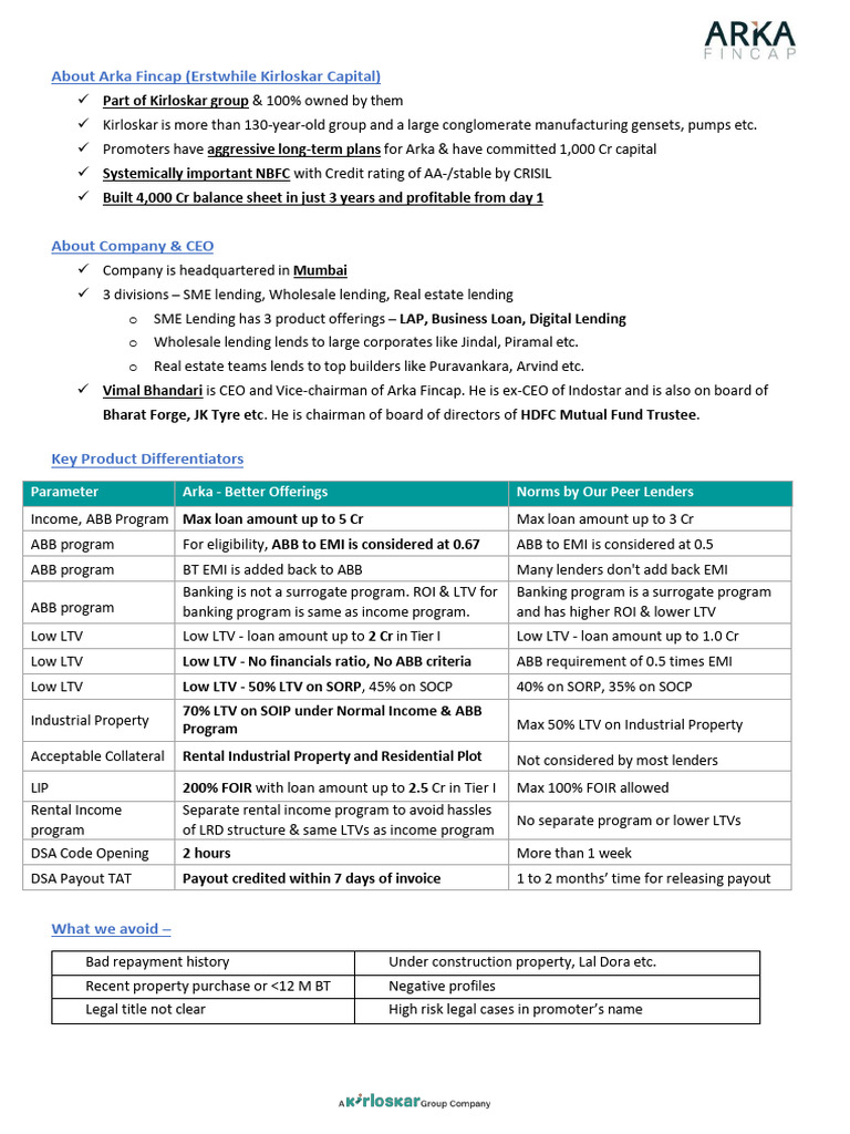 Arka and Product Talking Points 2 | PDF | Loans | Loan To Value Ratio