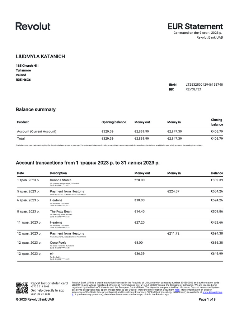 Revolut EUR Account Statement Summary | PDF | Banks | Banking