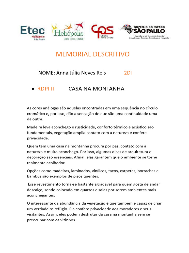 Tarefa 01 - Memorial Descritivo | PDF