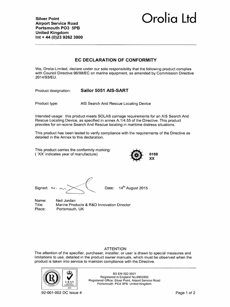 SAILOR 5051 AIS SART EC Declaration of Conformity | PDF