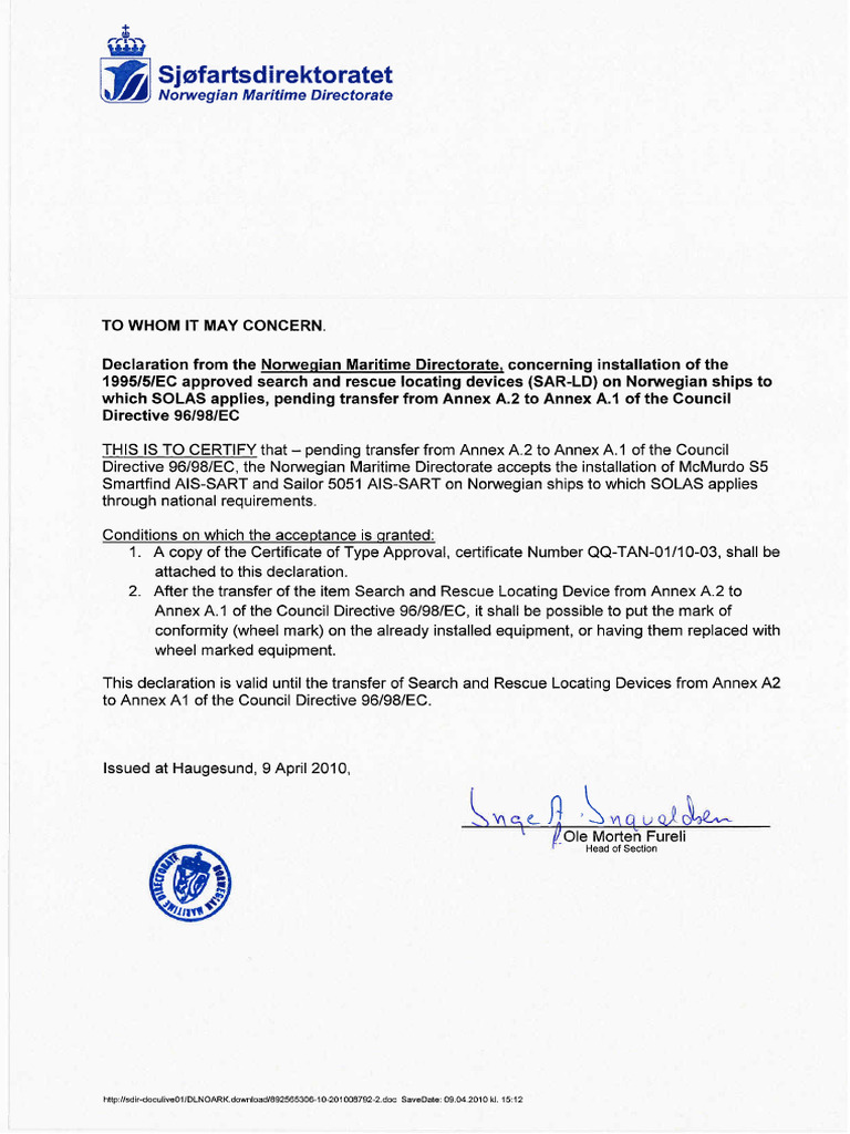SAILOR 5051 AIS SART Declaration Norwegian Maritime Directorate | PDF