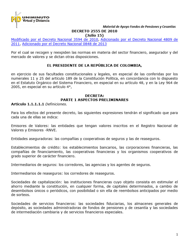 DECRETO 2555 de 2010 Fondos Pensiones y Cesantias | PDF | Pensión | Compartir (Finanzas)
