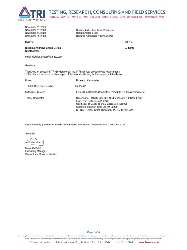 HDPE Geomembrane Test Report | PDF | Continuum Mechanics | Mechanical ...