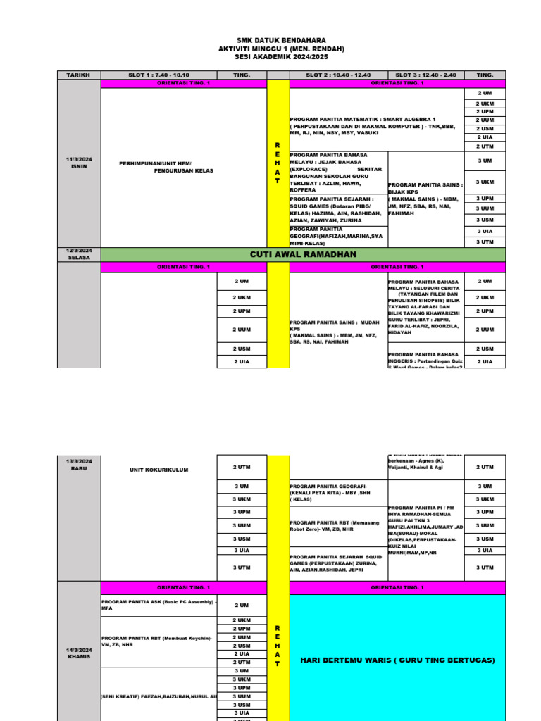 Jadual Aktiviti Minggu 1 SMKDB 2024 - 2025 | PDF