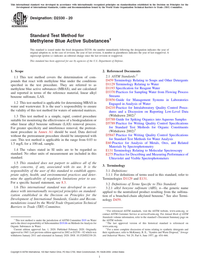 ASTM D2330-20 Methylene Blue Active Sutances | PDF | Acid | Sulfuric Acid