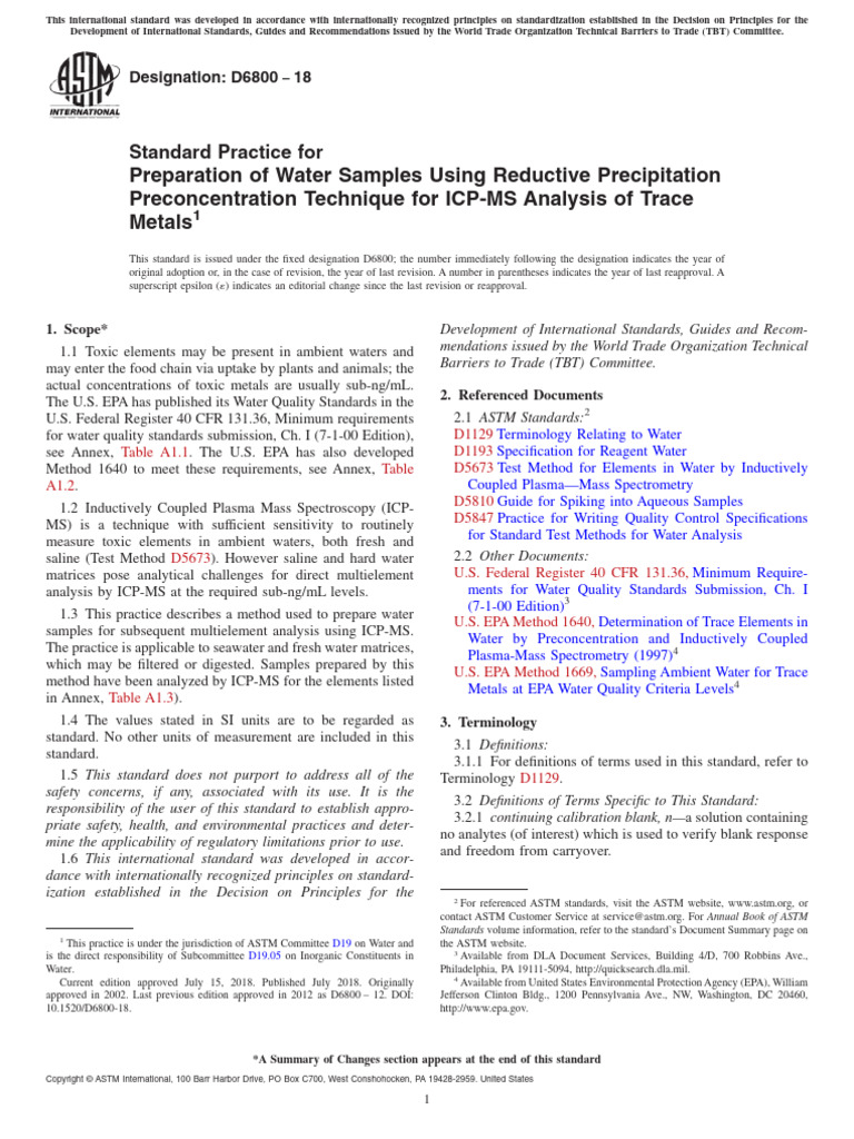 ASTM D6800-18 Preparaction of Water Sample For ICP-MS | PDF | Water Quality | Analytical Chemistry