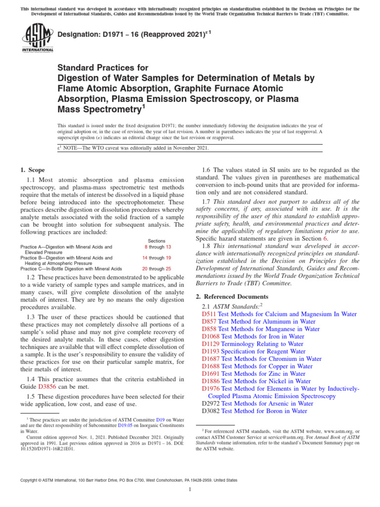 ASTM D1971-16 (2021) E1 Digestion o Water Samples For Determination o Metales Ib AA | PDF ...