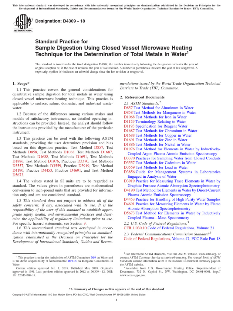 ASTM D4309-18 Digestion Using Microwave Heating Determination Total Metals | PDF | Atomic ...