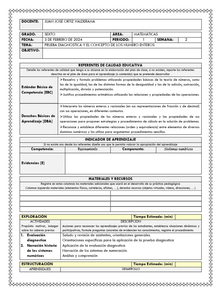 Plan Clase 1 Mat G6-1P | PDF | Números | Aprendizaje