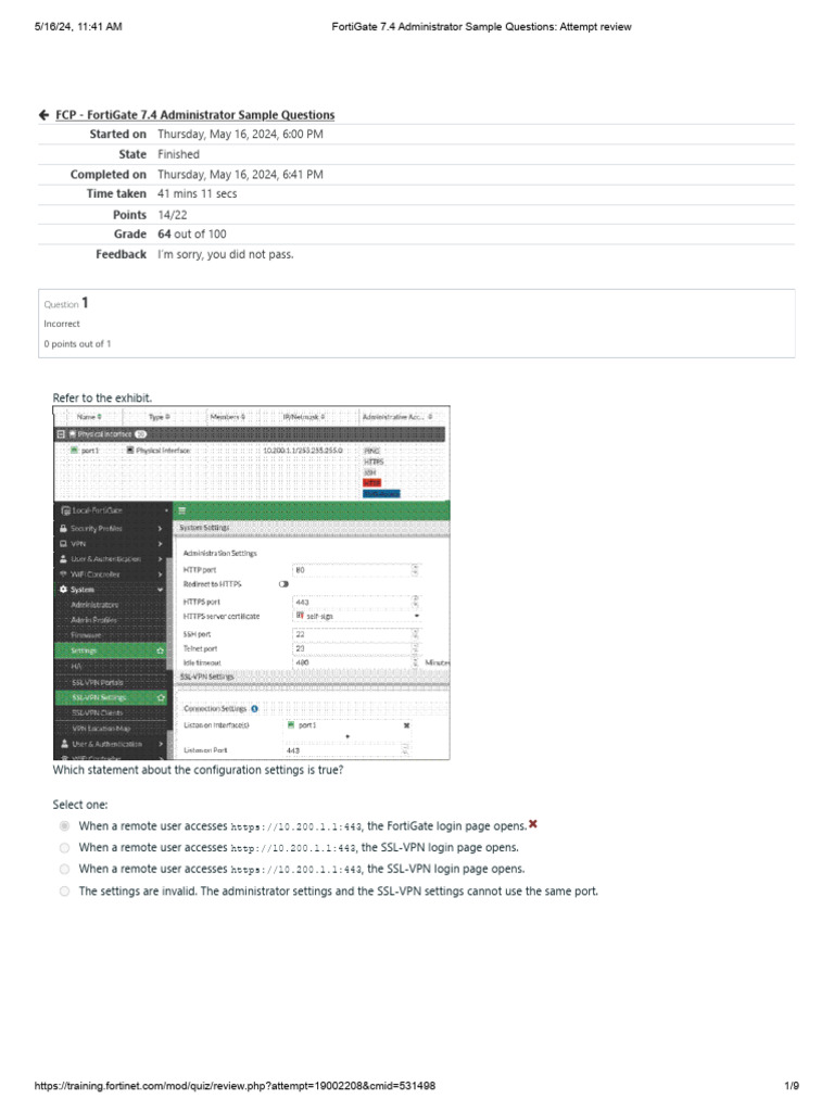 FortiGate 7.4 Administrator Exam Review | PDF | Transport Layer Security | Public Key Certificate