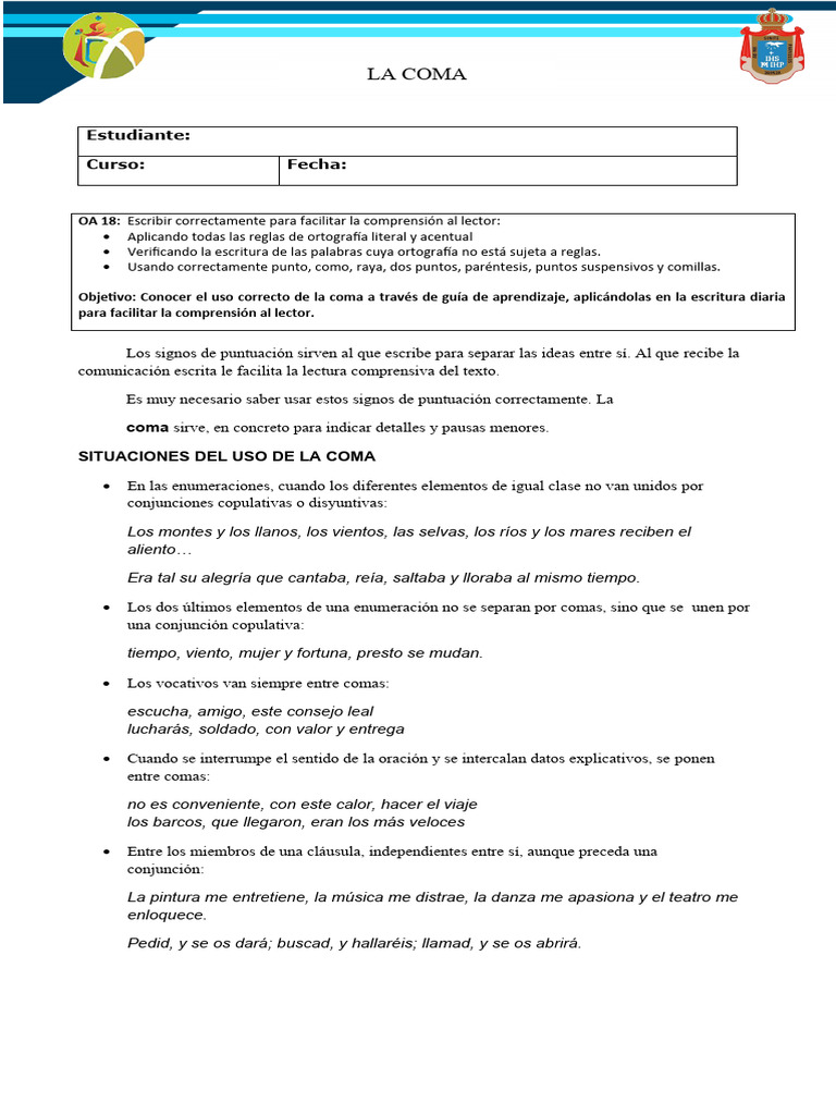 Uso y ejercicios de la coma | PDF | Coma | Puntuación
